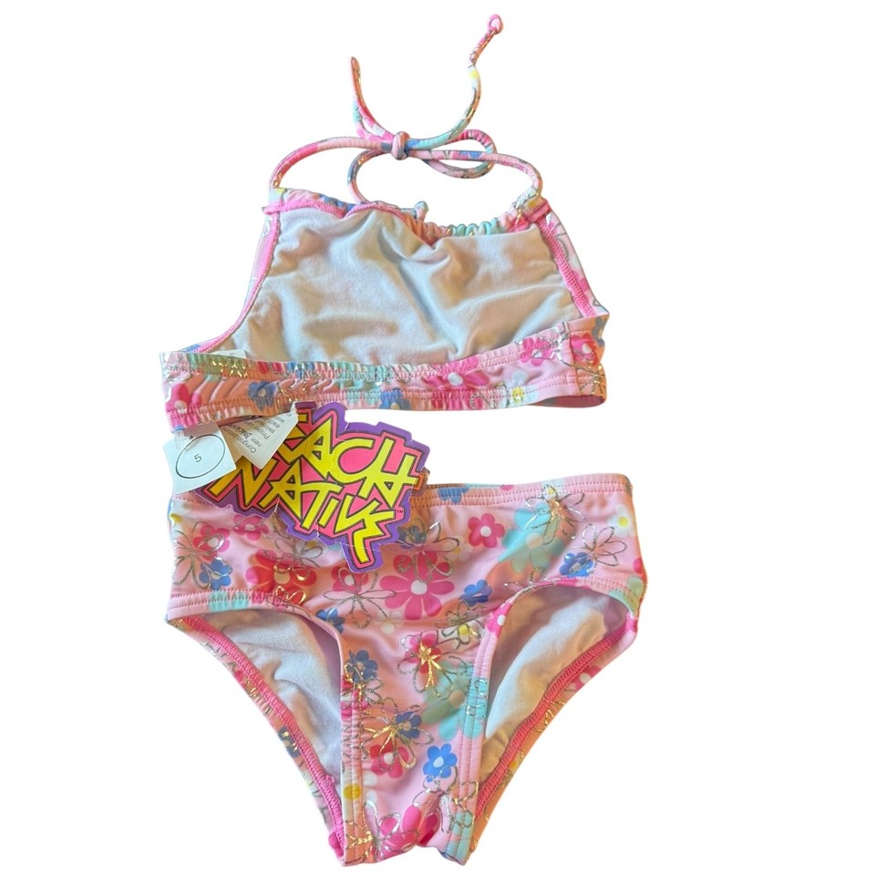 Beach Native Girls Pink Silver Floral Print Bikini Size 5 | eBay