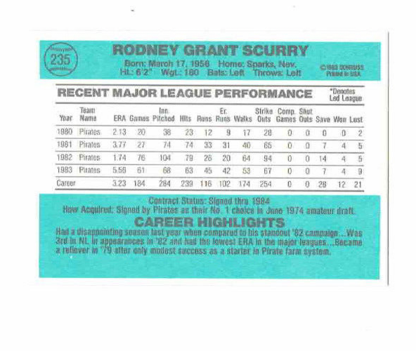 Rod Scurry Pirates Pitcher #235 Donruss 1984 Baseball Card | eBay