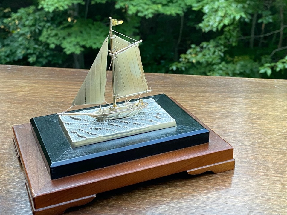 Gorham Japanese Miniature Silver Sailboat Beveled Glass Wood Display ...