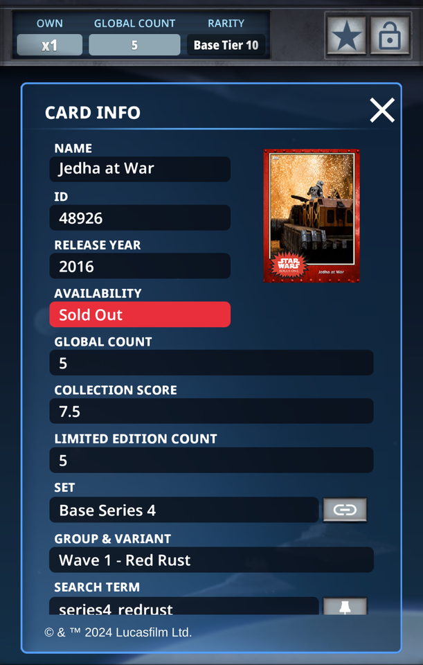 Topps Star Wars Card Trader Jedha At War 2016 Base Red Rust Tier 10 5cc DIGITAL | eBay