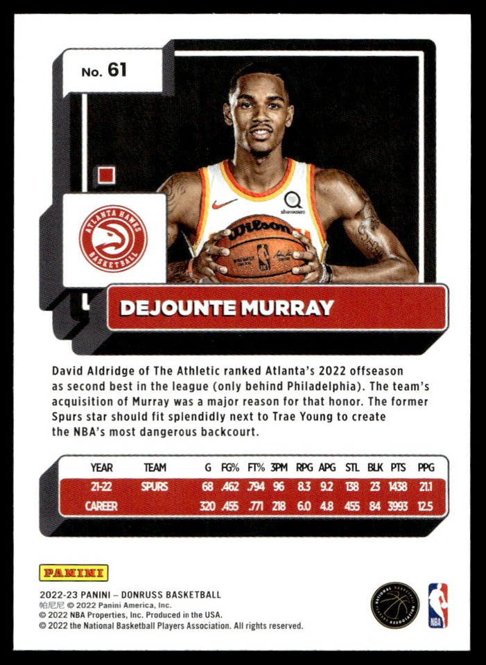 2022 Donruss Dejounte Murray 61 Atlanta Hawks | eBay