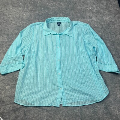 Basic Editions Shirt Womens Plus 3X Blue Striped Cotton Blend Button 3/4 Sleeve | eBay