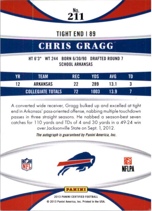 2013 Certified Mirror Blue Signatures Football Card #211 Chris Gragg ...