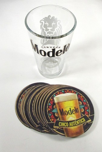 Pablo Dier Lion MODELO CERVEZA PINT GLASS W/ 12 Modelo Coasters, Cinco ...