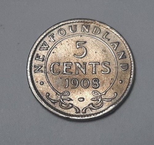 1908 Newfoundland 5 Cents Coin (92.5% Silver)-King Edward VII "STERLING ...