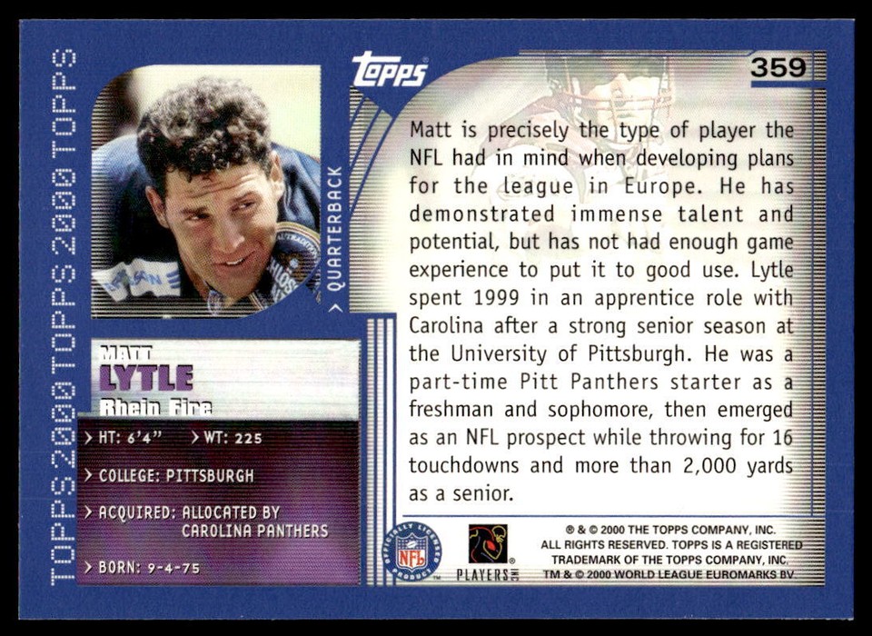 2000 Topps 359 Matt Lytle Rhein Fire EP Football Card | eBay