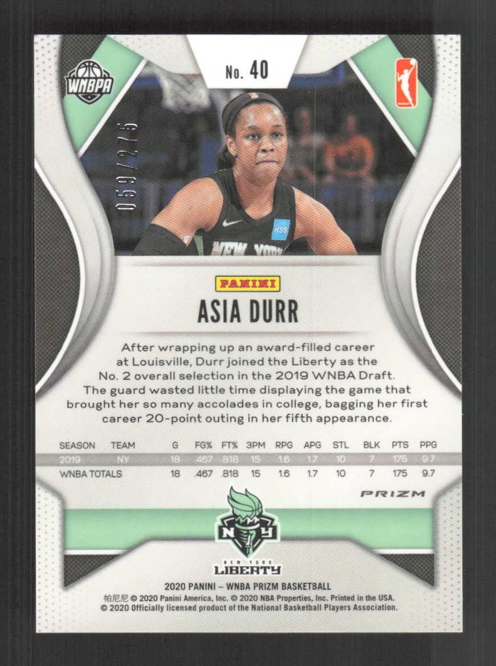 Asia Durr 2020 Panini Prizm WNBA /275 Red New York Liberty #40 | eBay