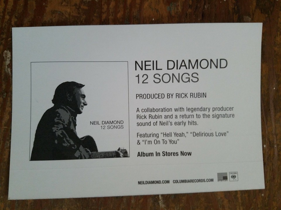 NEIL DIAMOND promo postcard sticker 12 SONGS mint condition RICK RUBIN ...