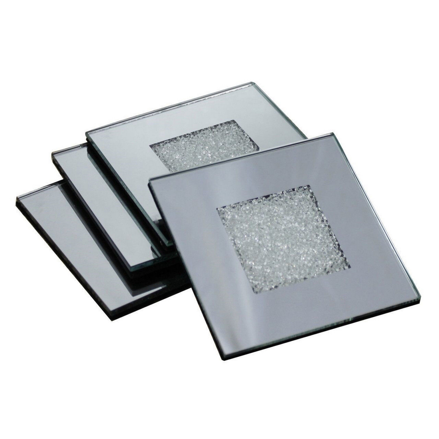 4pc Mirrored Square Coasters Crushed Diamond Centre Luxury Sparkle ...