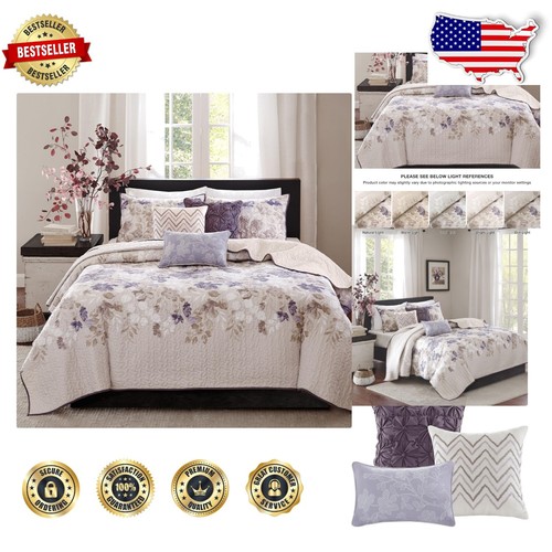 Full/Queen Luna Quilt Set - 6-Piece Floral Taupe Bedding with ...