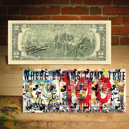 DISNEY 100TH ANNIVERSARY Mickey Mouse $2 US Bill Art HAND-SIGNED by ...