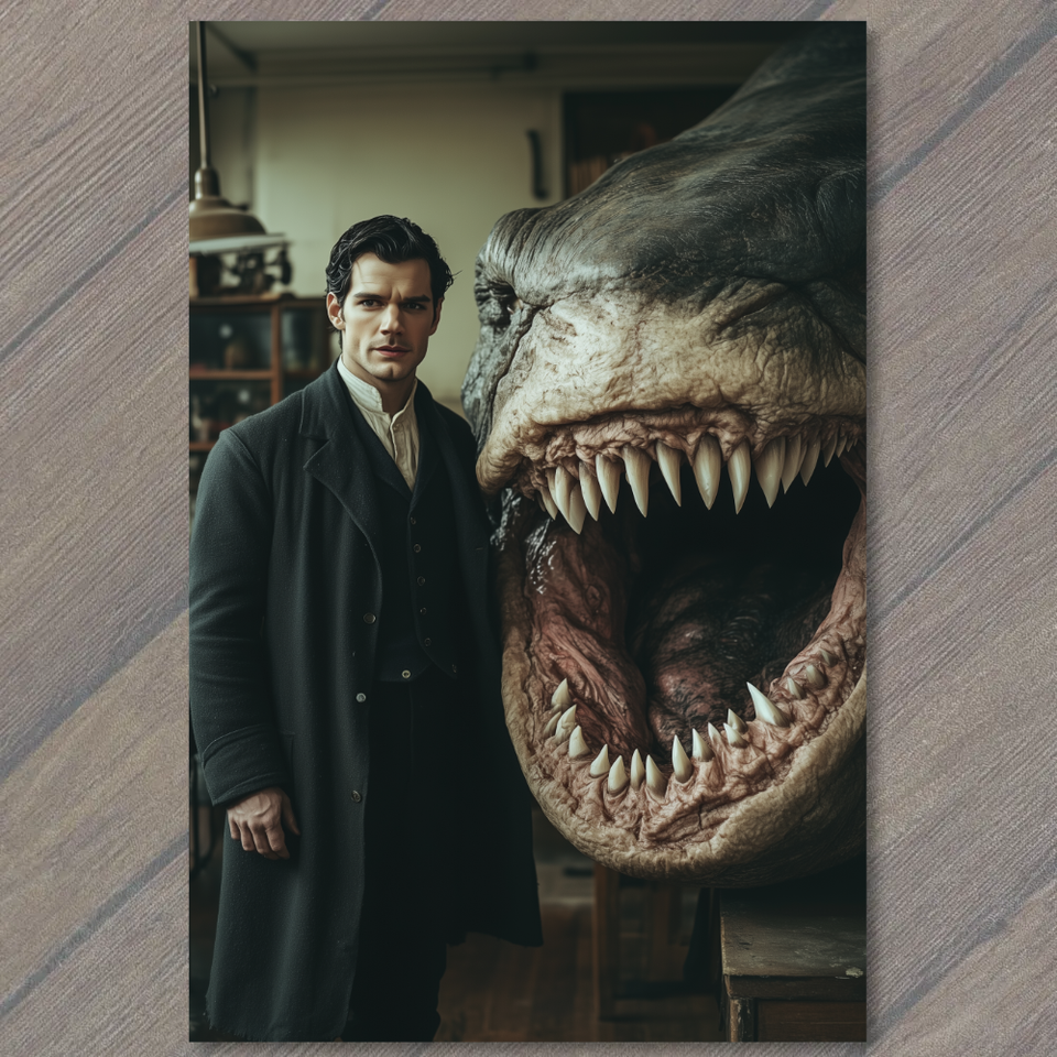 Art Print Elderly Man Confronts Scary Beast Large Teeth Intense Eye ...