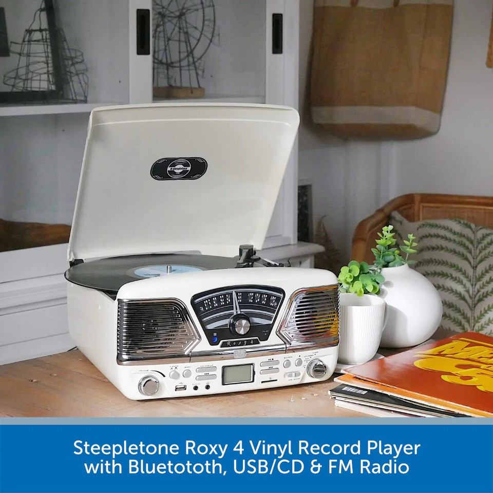 Steepletone Roxy 4BT Retro Style Vinyl Record Player Bluetooth CD Music ...