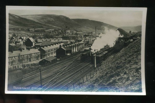 TREHERBERT Railway Station and steam train with view of surrounding ...