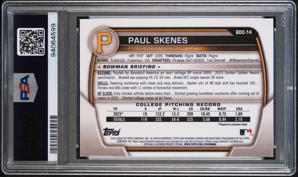 PSA 10 PAUL SKENES 1st 2023 Bowman Chrome GREEN GRASS REFRACTOR/99 RC ...