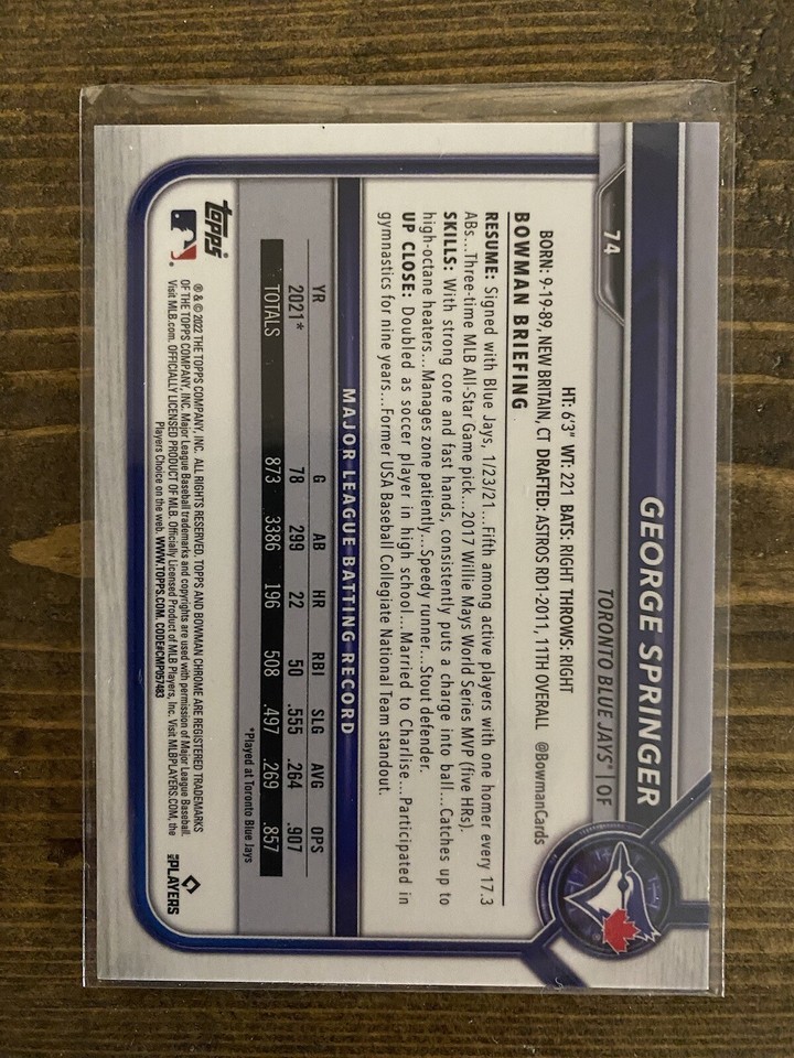 2022 BOWMAN CHROME SAPPHIRE #74 GEORGE SPRINGER ORANGE REFRACTOR JAYS ...