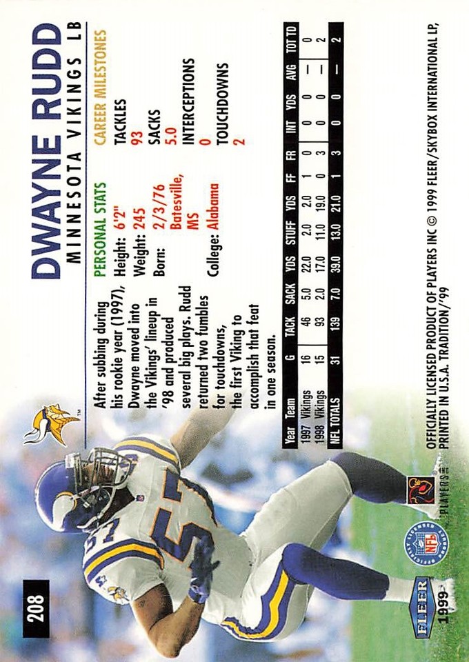 1999 Fleer Tradition #208 Dwayne Rudd Minnesota Vikings | eBay