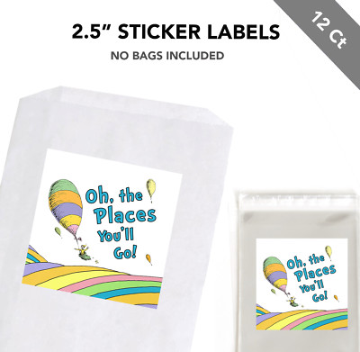 12 ct Oh Places We'll Go Dr Seuss 2.5" Sticker Label Bag Treat Box ...