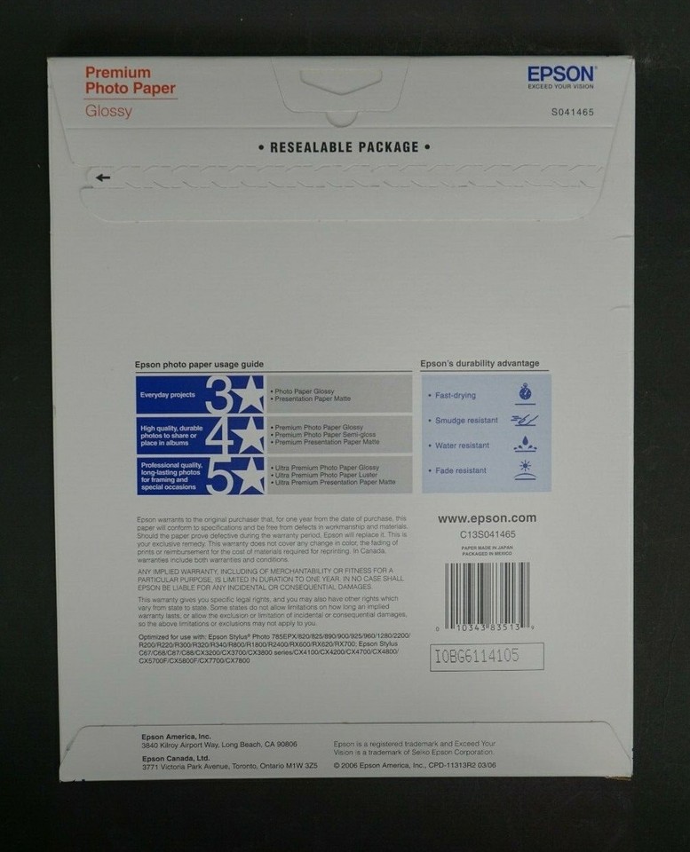 Epson Premium Photo Paper Glossy 8"x10" Borderless 20 Sheets S041465 | eBay