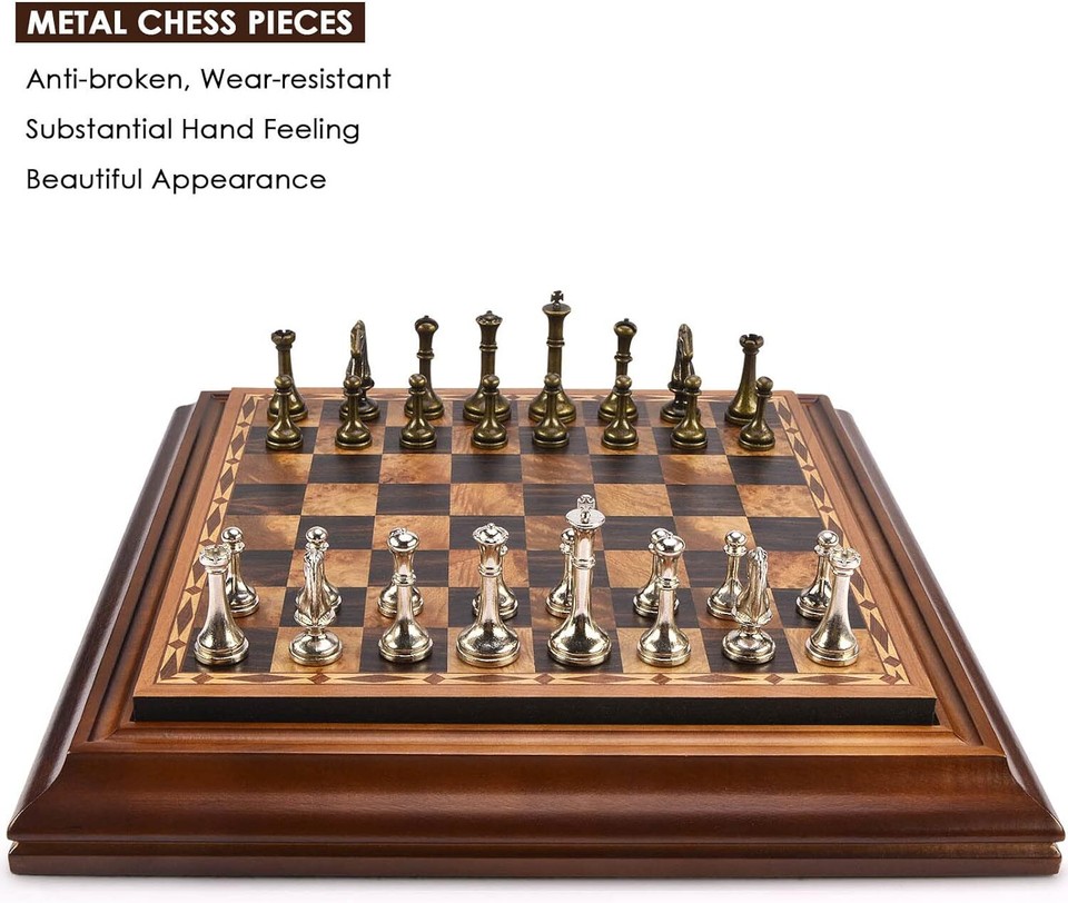 Vintage Chess Set,Wood Chess Board with Storage,Metal Chess Pieces ...