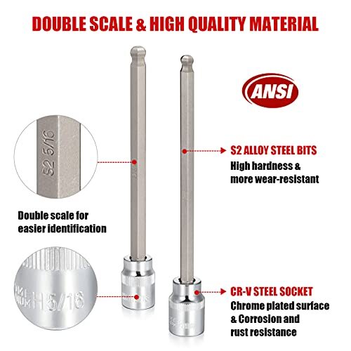 3/8 Drive Long Ball End Hex Bit Socket Set 20-Piece SAE Metric Allen ...
