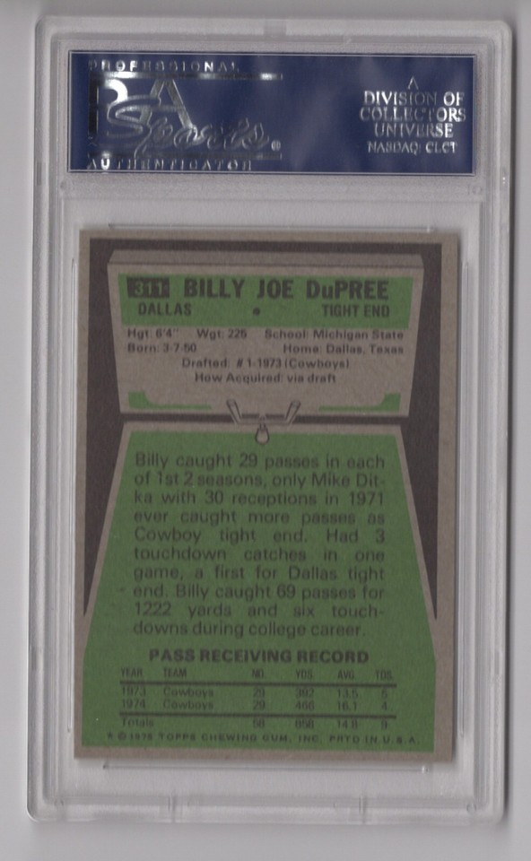 Billy Joe Dupree 1975 Topps PSA 10 Gem Mint Graded Card Dallas Cowboys ...