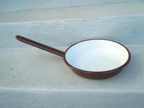 Enamelware Long Handled Frying Pan 10" Brown & White Vintage Cookware ...