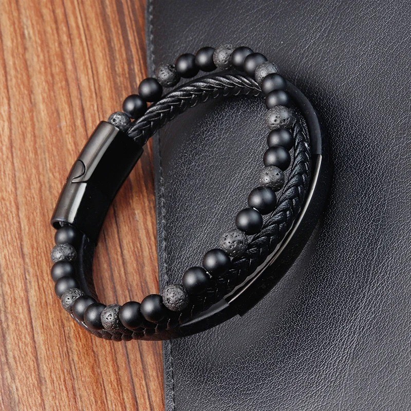 Men’s Leather Braid Rope Bracelet Stainless Steel Magnetic Clasp Charm ...