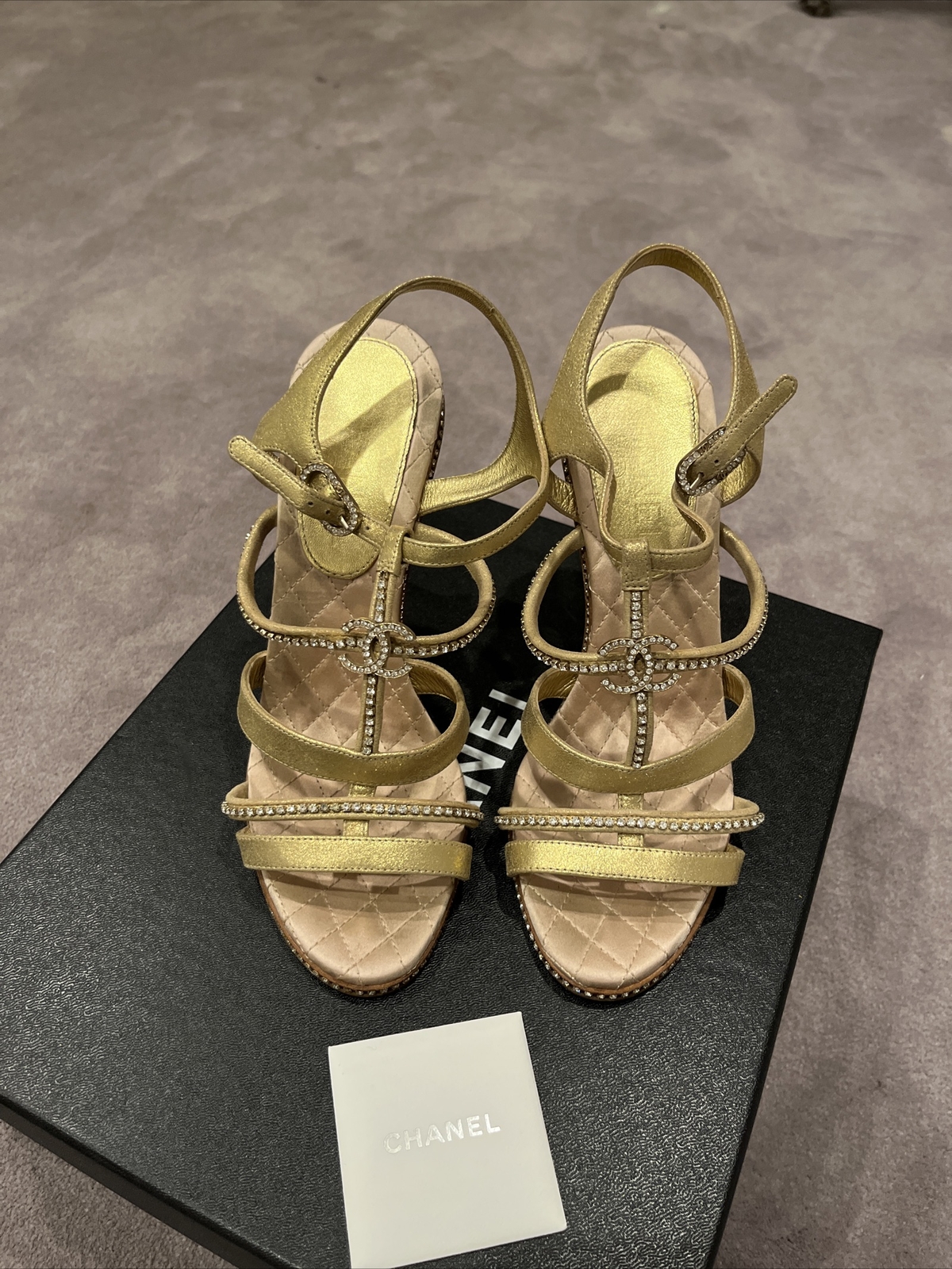 Authentic Chanel Gold Crystal Sandals Lucite PVC Heel… - Gem