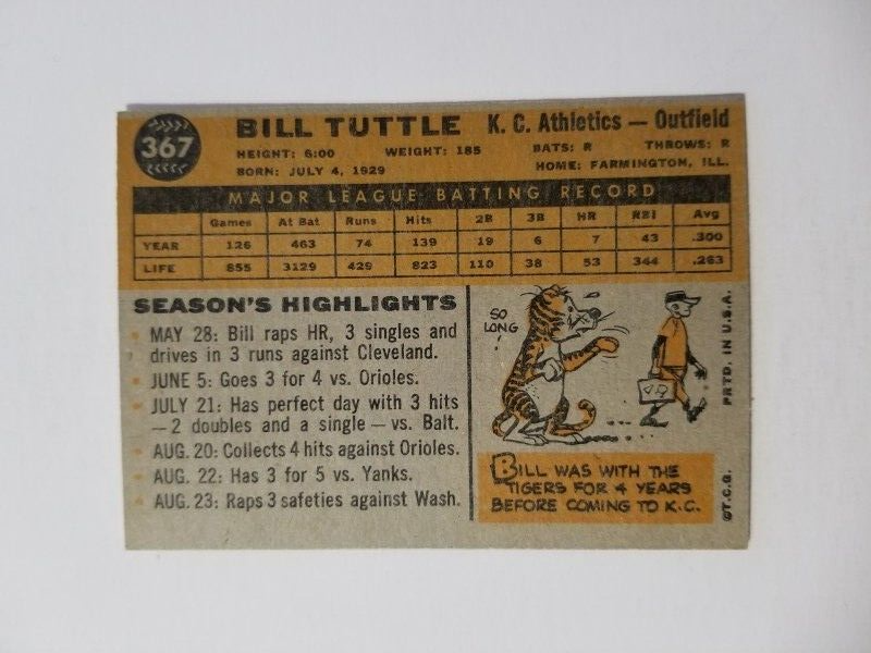 BILL TUTTLE 1960 TOPPS BASEBALL CARD #367 KANSAS CITY ATHLETICS | eBay