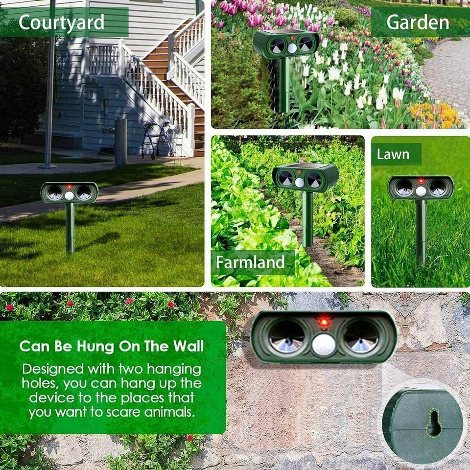 ULTRASONIC SOLAR PEST REPELLENT CAT DOG FOX SCARER DETERRENT REPELLER ...