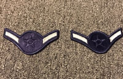 1 PAIR 2 PATCHES 1976-1993 USAF Air Force Rank Patch AIRMAN E-2 E2 BLUE ...