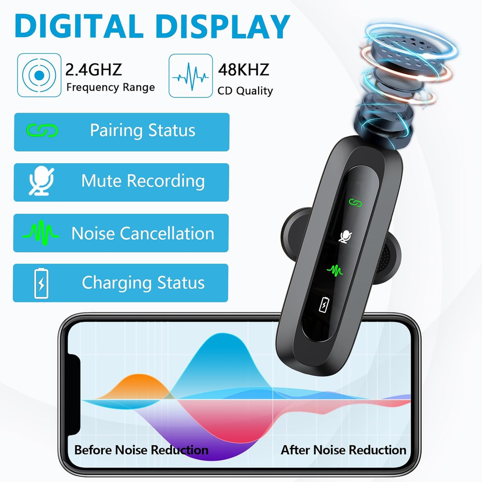 Wireless Microphone Mini Mic for iPhone/Android Phone, LED Display ...
