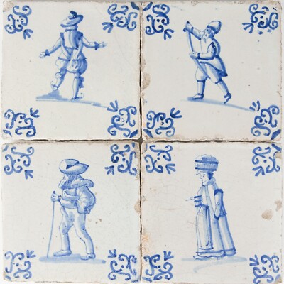 Nice set of 4 Dutch Delft Blue tiles, figures including a skater, 17th ...