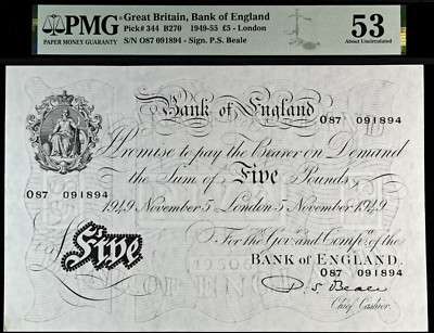 £5 White Five Pound Note Beale B270 344 PMG 53 1949 Large Bank England ...