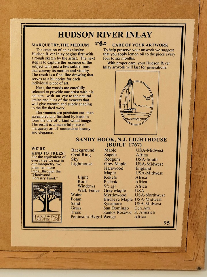 Hudson River Inlay Marquetry Sandy Hook, NJ Lighthouse 9.75” x 6.75 ...