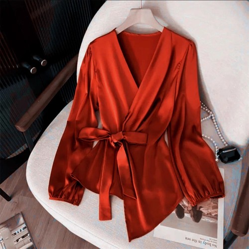 Donna Raso Finta Seta Maglia Camicetta Casual Cravatta V Collo Puff ...