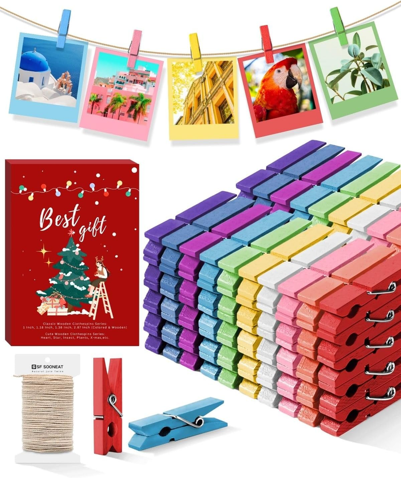 Mini Clothes Pins for Photo, Small Colored Clothespins 100 Pack Wooden ...
