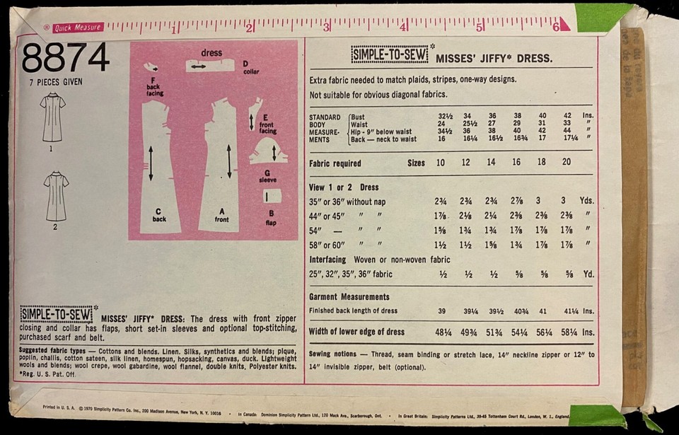 Uncut Size 10 B 32 ½ Jiffy Front Zipper Dress Simplicity 8874 Pattern ...