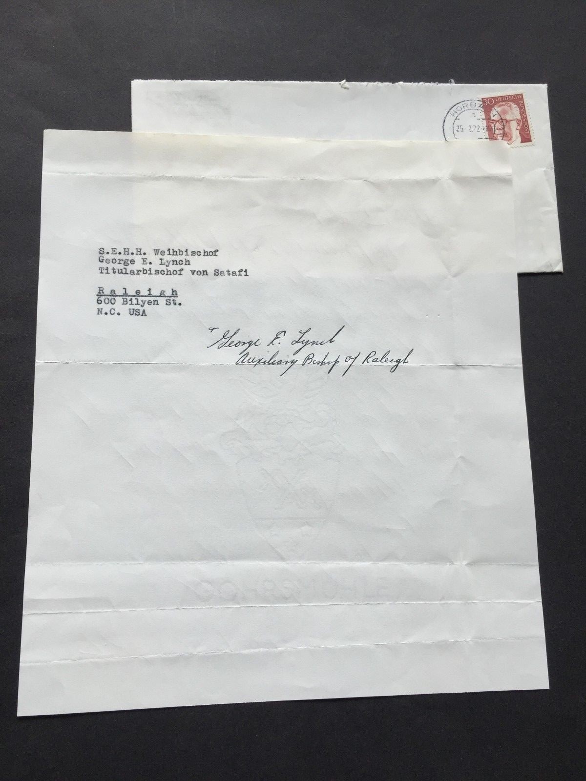 GEORGE E. LYNCH †2003 Bishop of Raleigh 1970-85 signed letter 8x10 ...