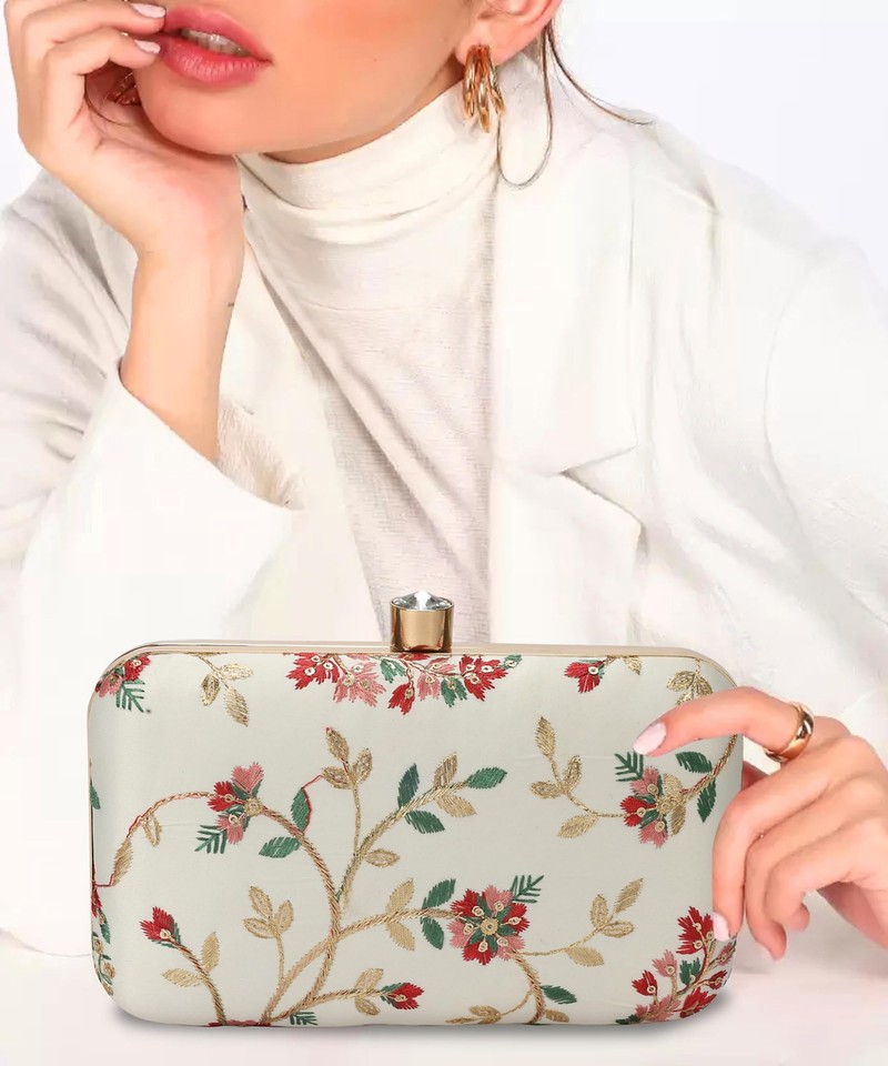Hand Crafted Designer Box Clutch - Zari Embroidery For Women Cream ...