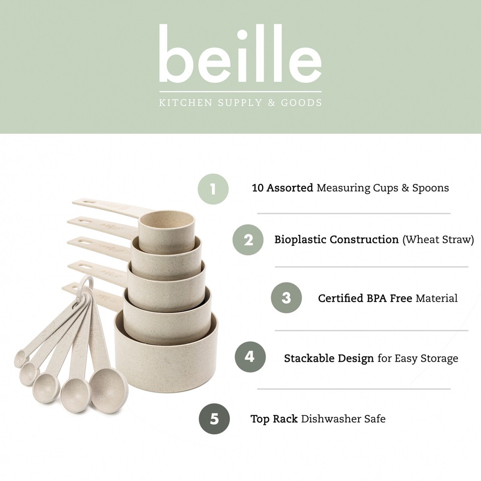 Beille 10 Piece Kitchen Measuring Cups Spoons Cooking Baking Set Wheat ...