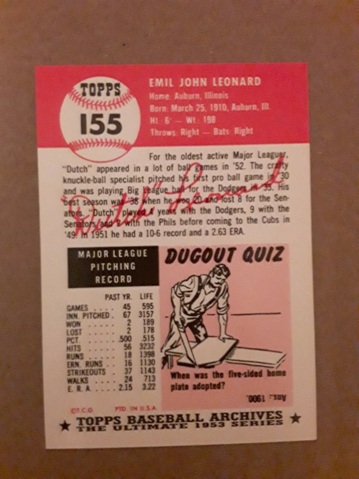 1953 Topps Dutch Leonard card #155. REPRINT. 1991 Topps Archives ...