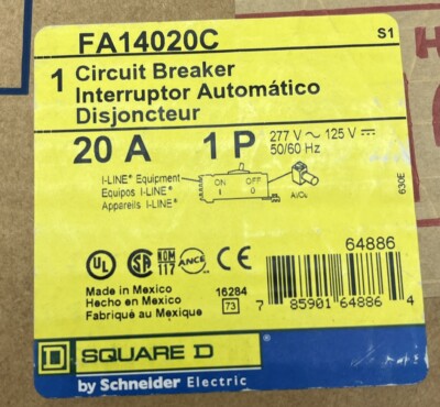Square D FA14020C FA/LA Molded Case Circuit Breaker 277VAC/125VDC 20A 1 ...