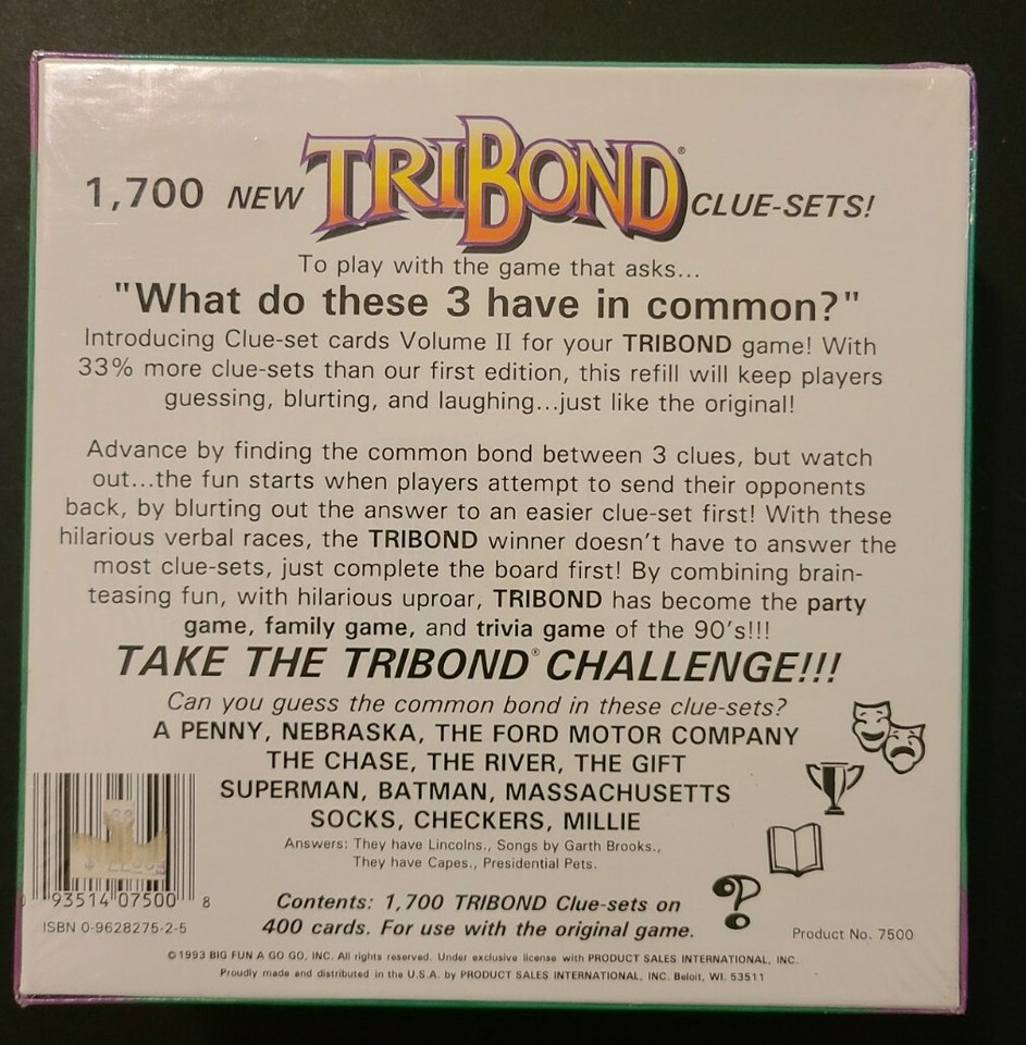 TriBond Clue Set Cards Vtg 1993 Vol II Board Game Refill Pack Tri Bond ...