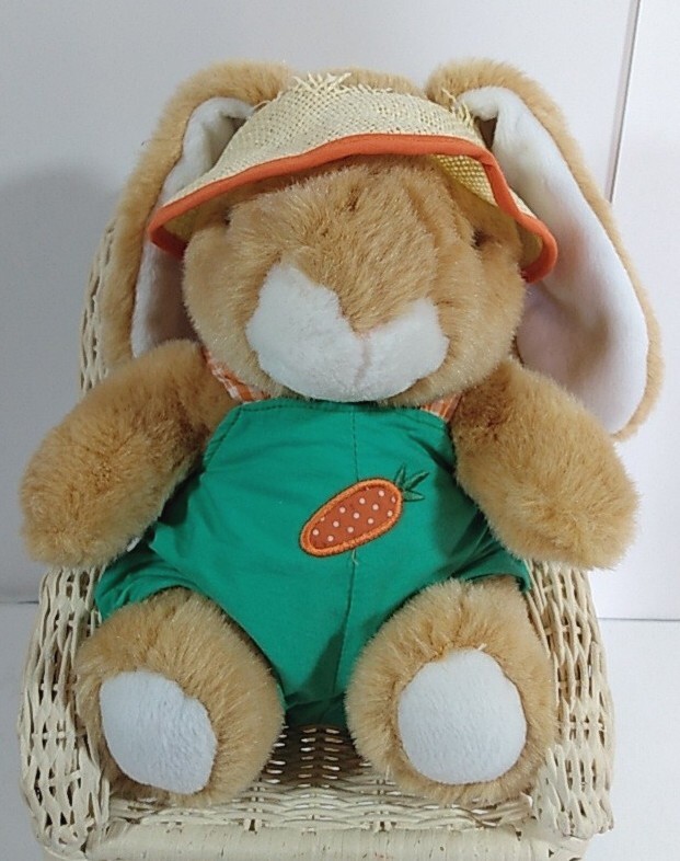 Vintage Plush Bunny Rabbit Wicker Hat Carrot Overalls Stuffed Animal ...