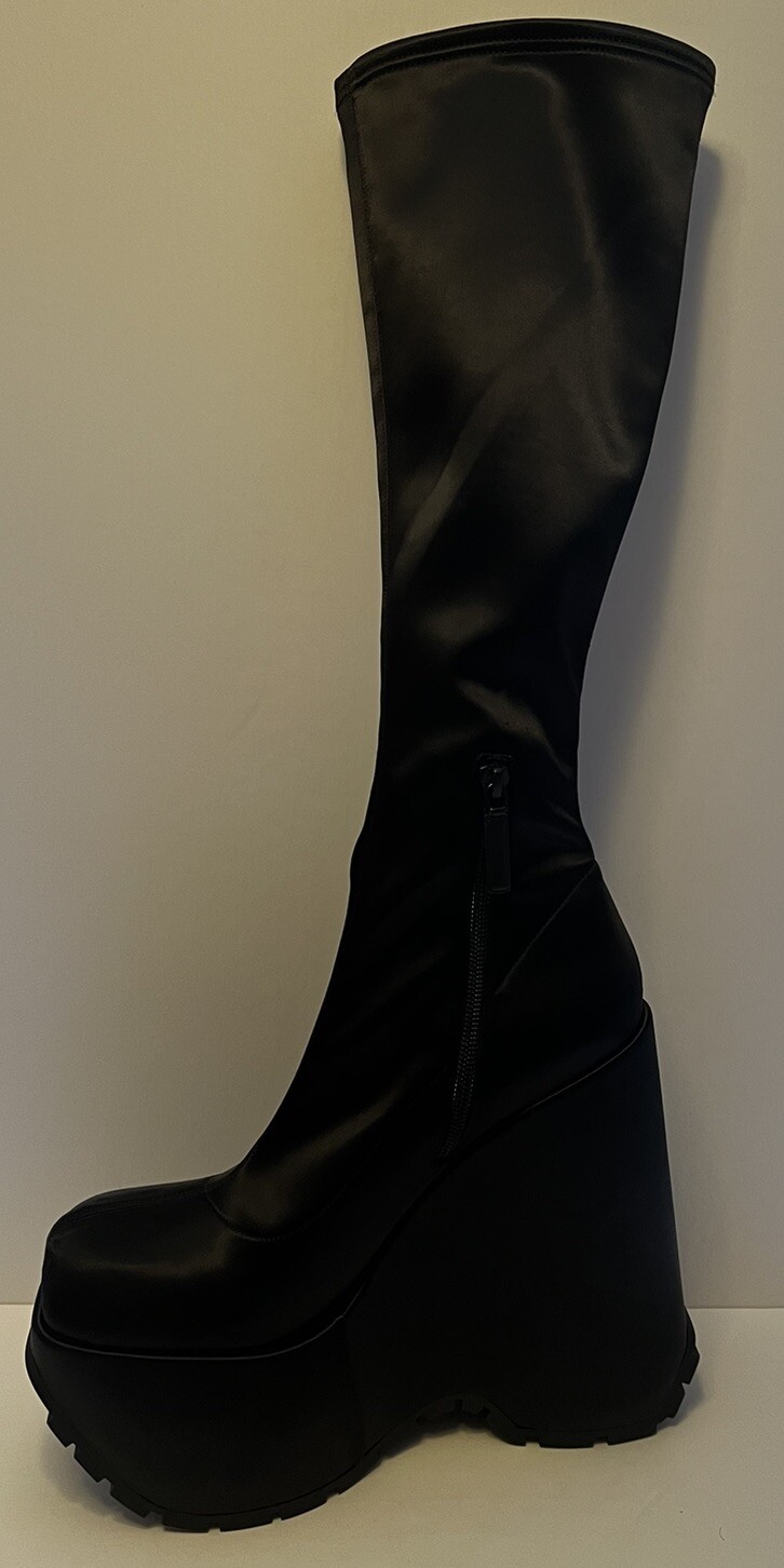 VERSACE Platform Black Stretch Satin Tall Boot Size 4… - Gem
