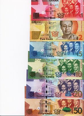 GHANA Banknotes Set, 6 UNC 1, 2, 5, 10, 20,50 CEDIS, 2015-2019 P NEW ...