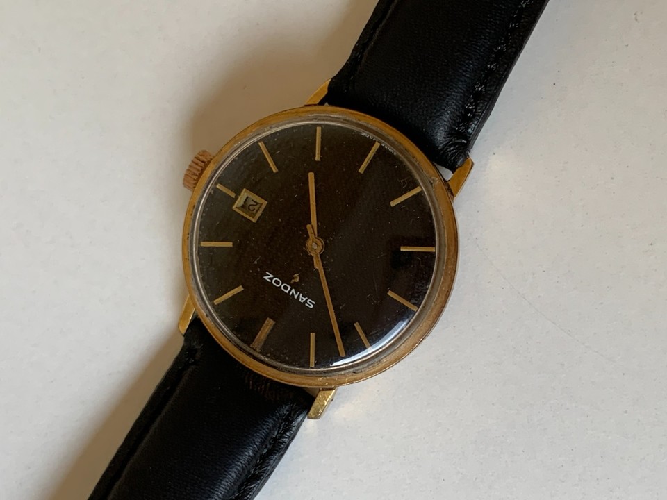 1960's Vintage Sandoz Watch Black Dial Gold Plated Classic Men 34mm ...
