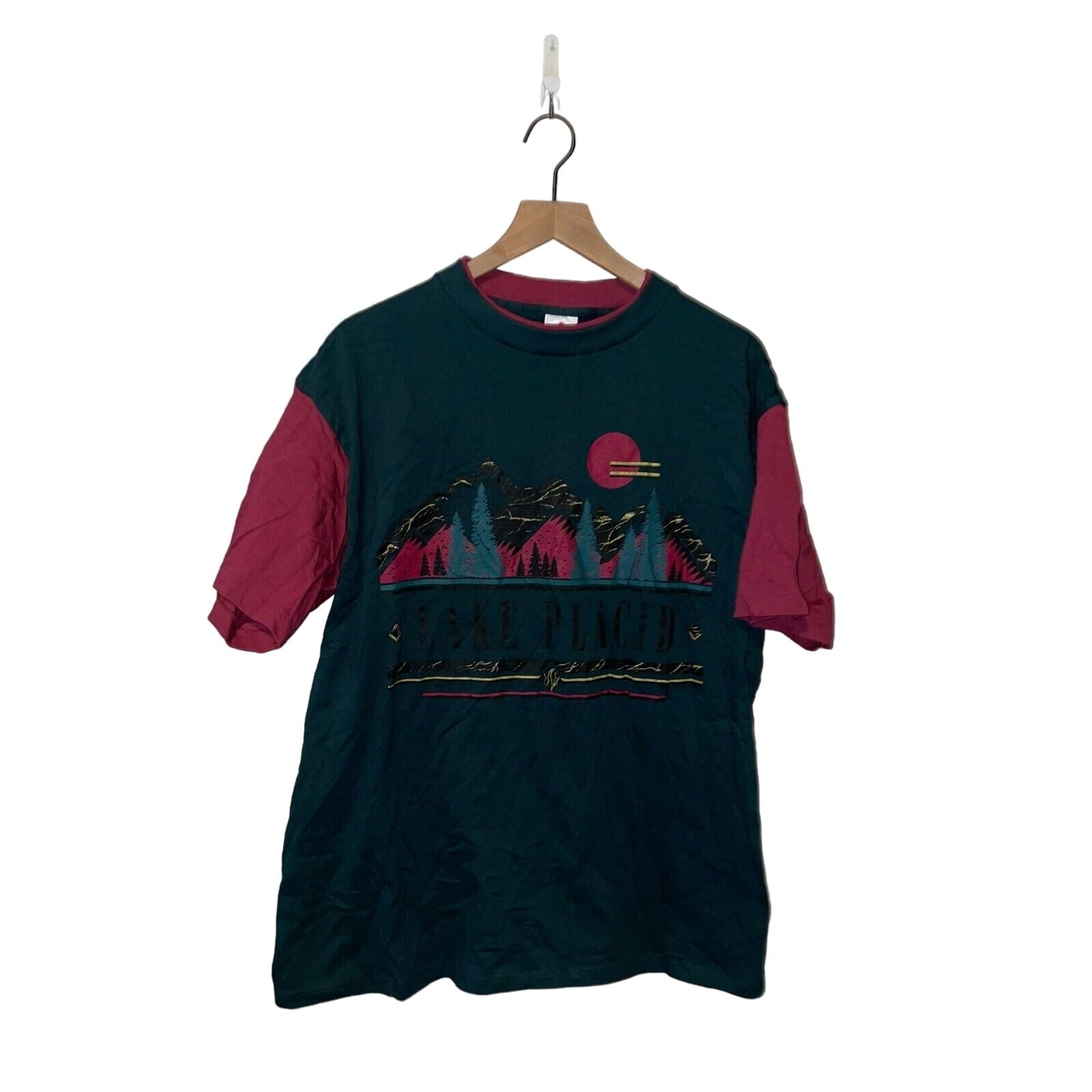90s Vintage Lake Placid Mountain Tree Green Red Graph… - Gem